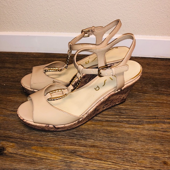 Unisa | Shoes | Unisa Gold Beige Cream Metal Accent Strappy Cork Wedge ...